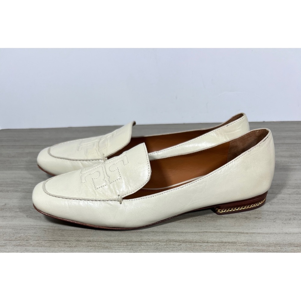 Tory Burch "Ruby" Cream Leather Quilted Logo Loafers - Gem